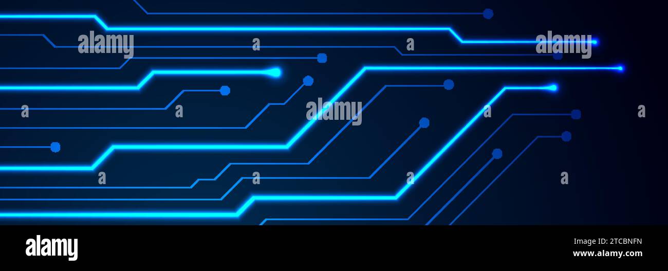 Glowing blue neon circuit board lines abstract banner design. Technology vector background Stock ...