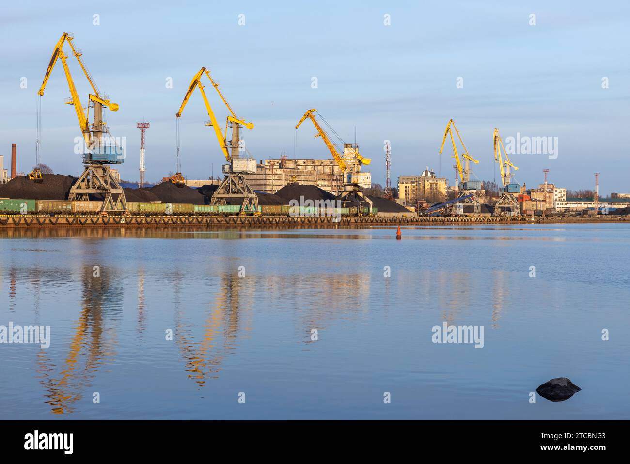 Vyborg, Russia - April 15, 2023: Seaport of Vyborg, portal cranes and ...