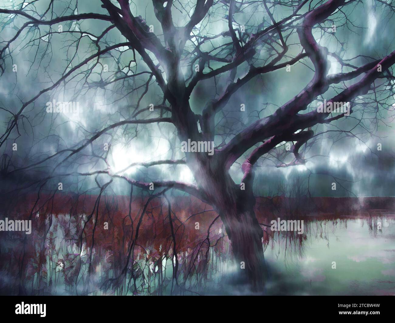 Digital illustration art. Mysterious, Dark and abandoned lake Stock ...