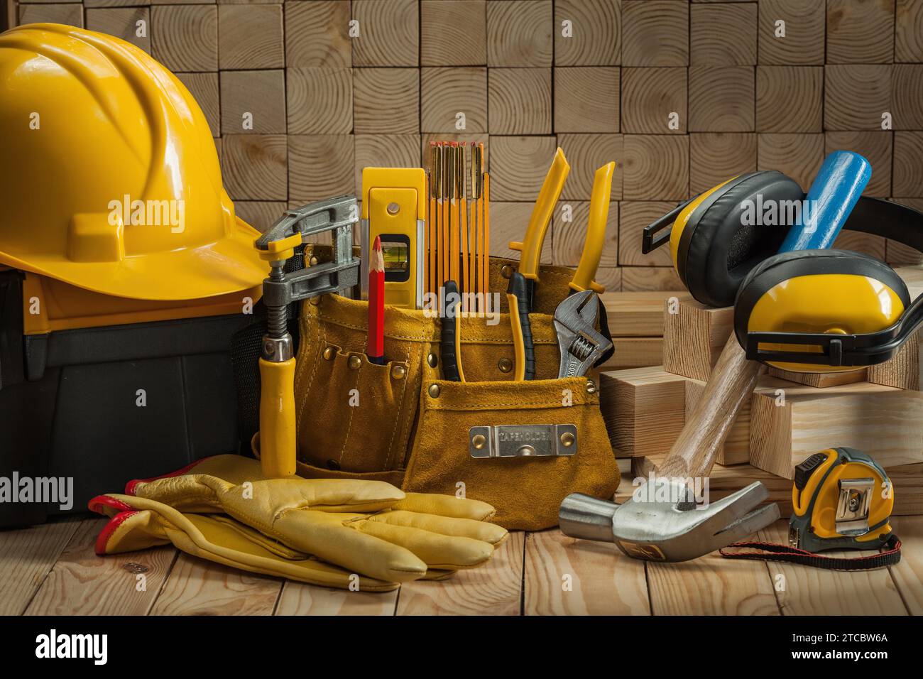 Large set of construction carpentry tools on a wooden background Stock ...