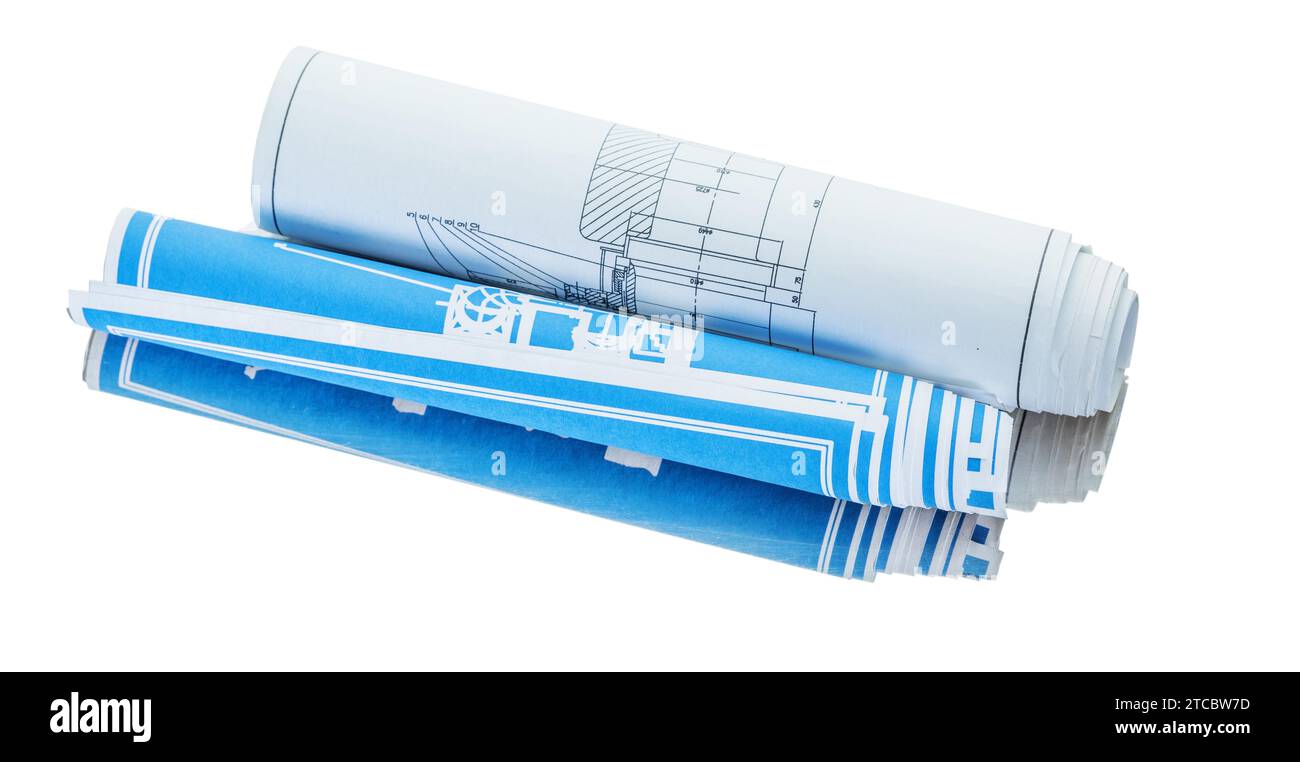 Blue and white rolled blueprint isolated Stock Photo - Alamy