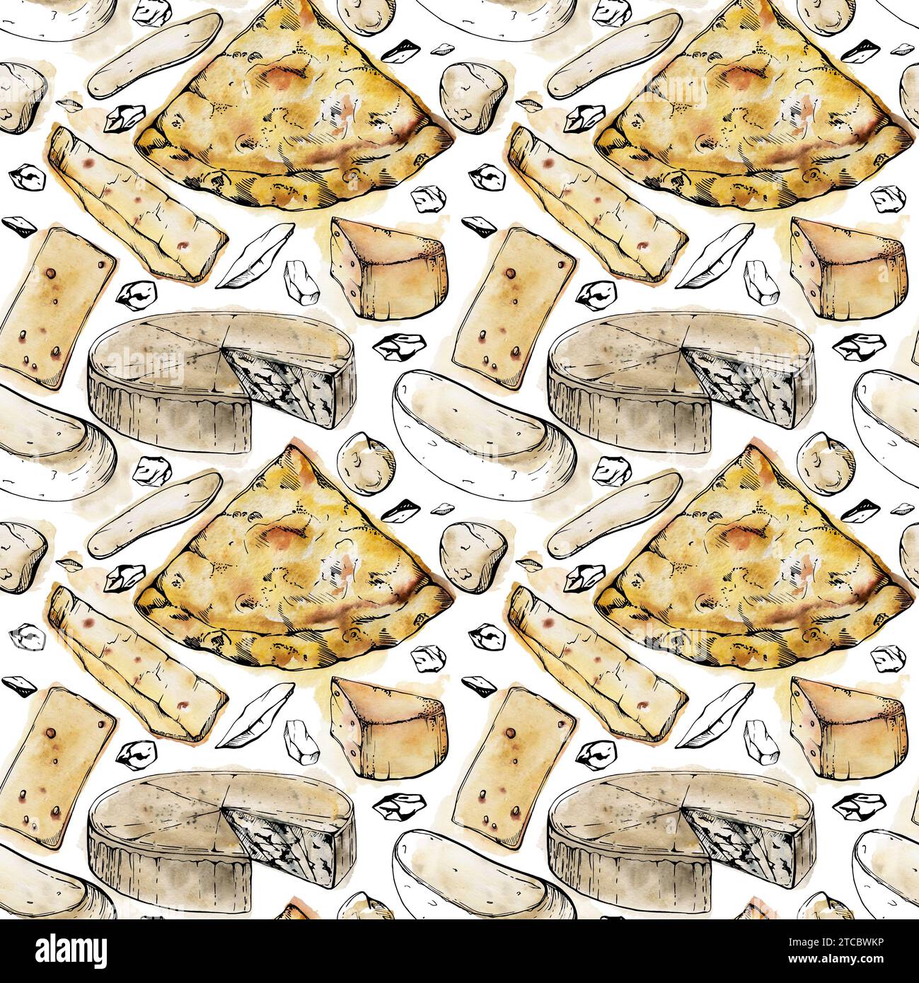 Hand drawn watercolor ink illustration. Quattro formaggi four cheeses ...