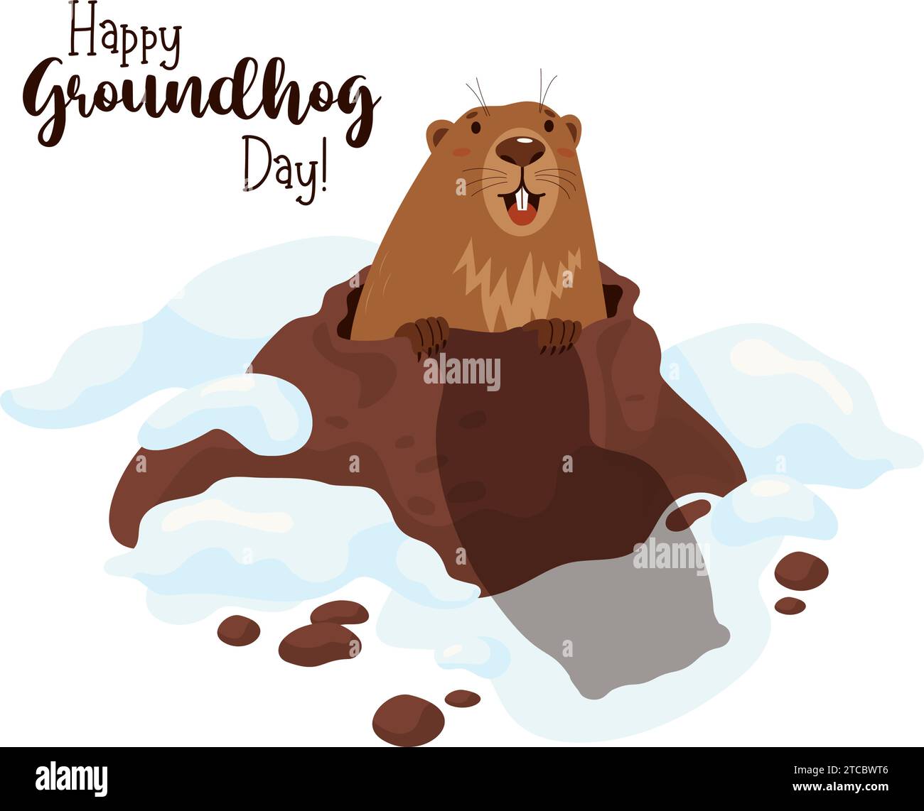 Cute smiling groundhog looks out of snowy hole. Sees shadow. Holiday ...