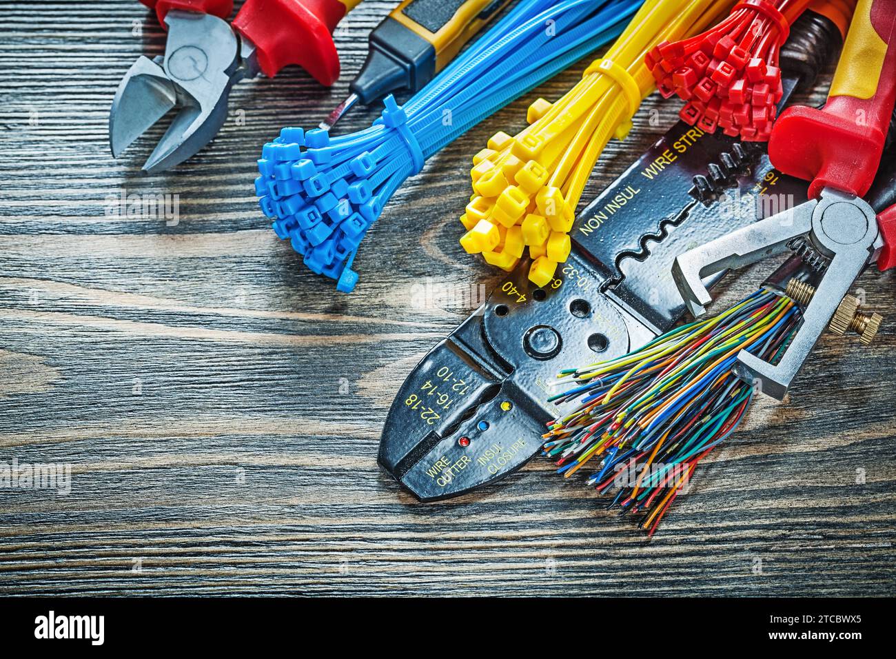 Electrical tester Wires Cable ties Bolt cutters Wire strippers ...