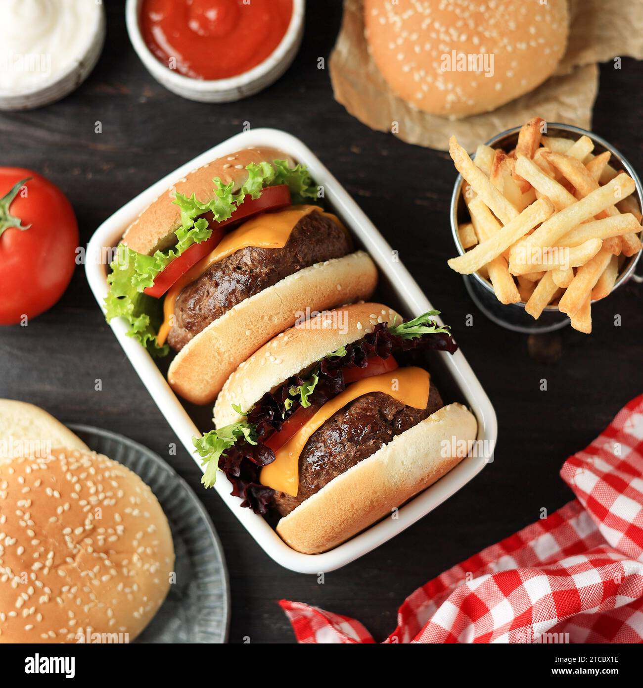 Homemade Cheese Beef Burger Packed on White Lunchbox. Top View Stock ...