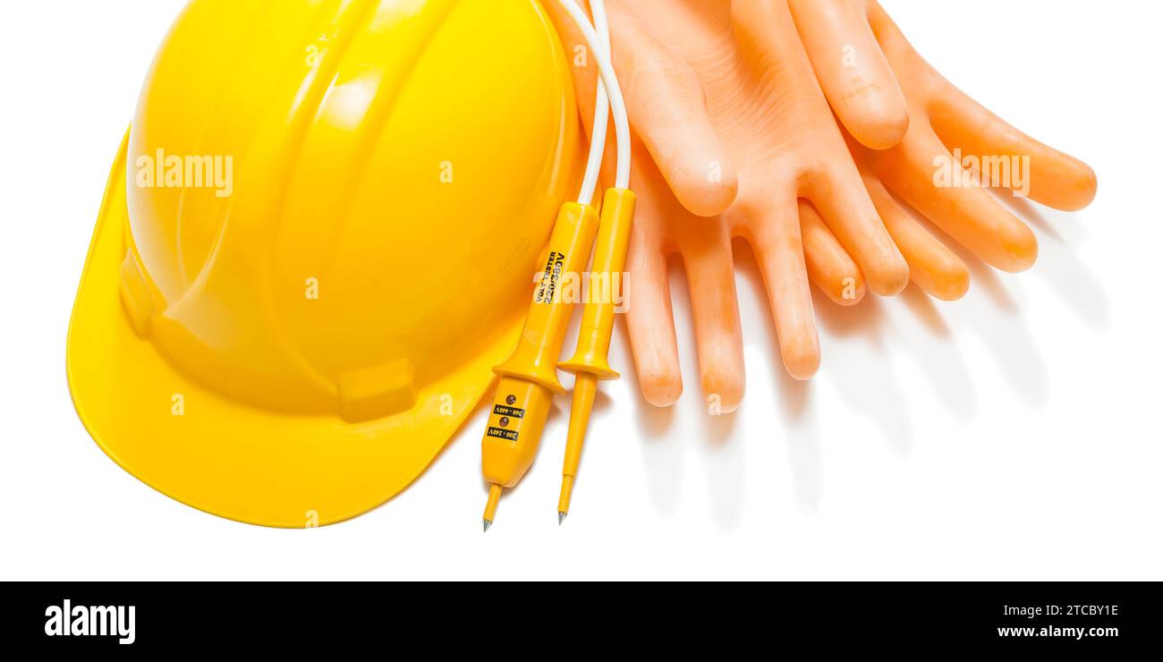 Insulated helmet, dielectric gloves and electrical test device Stock ...