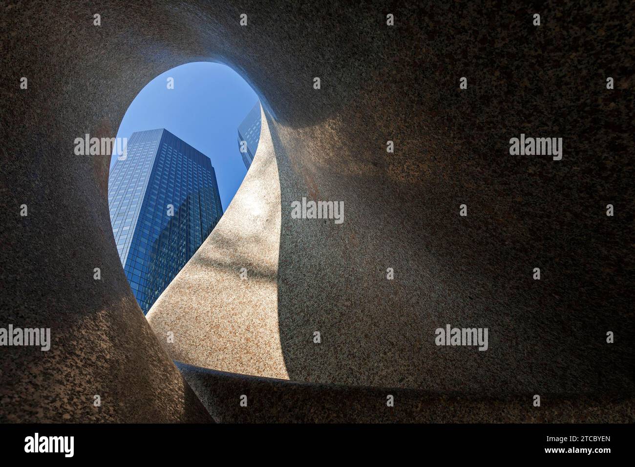 View through large sculpture by Max Bill of twin towers of Deutsche ...