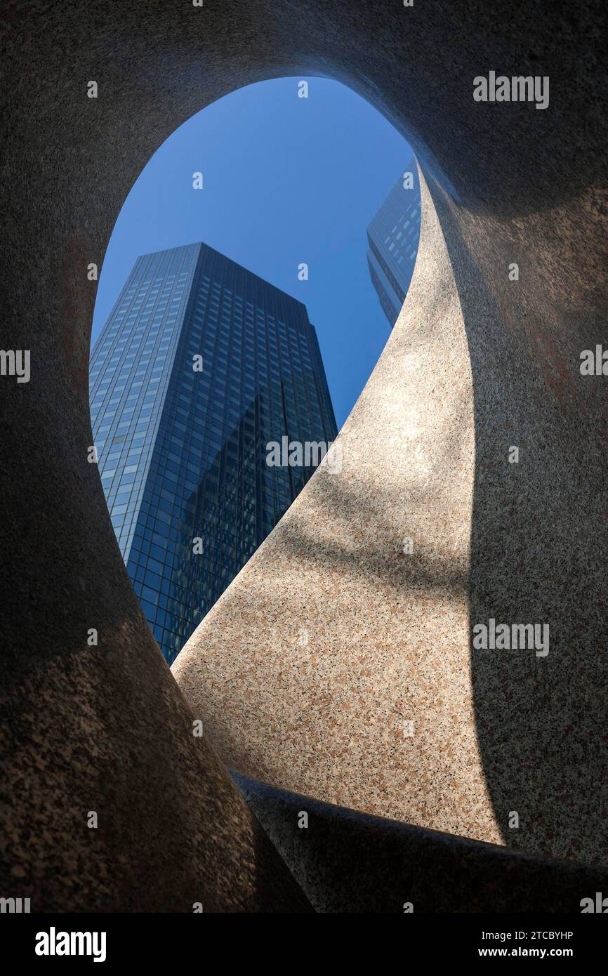 View through large sculpture by Max Bill of twin towers of Deutsche ...