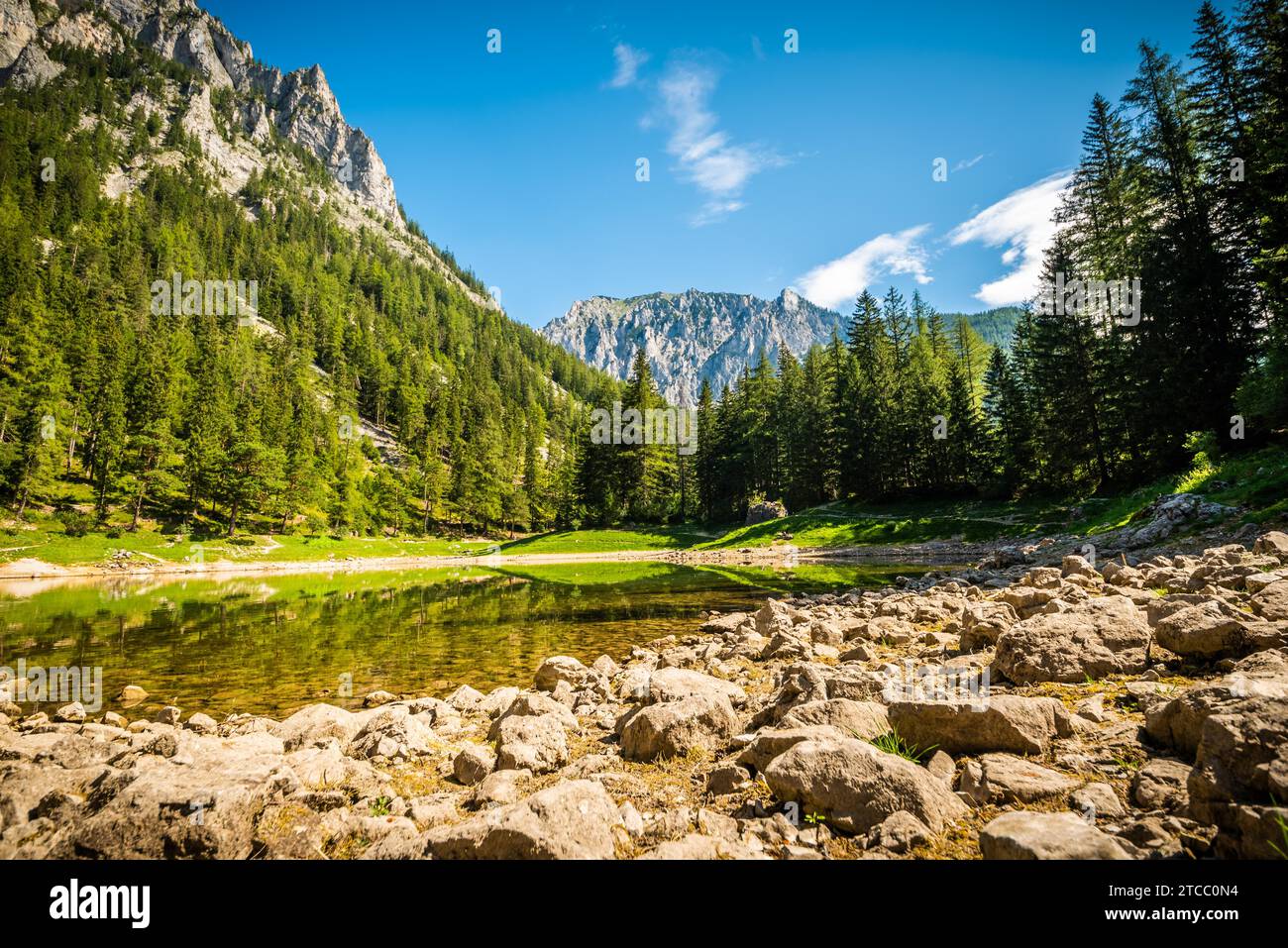 Lake in Alp destination in Styria, Austria between mountains and ...