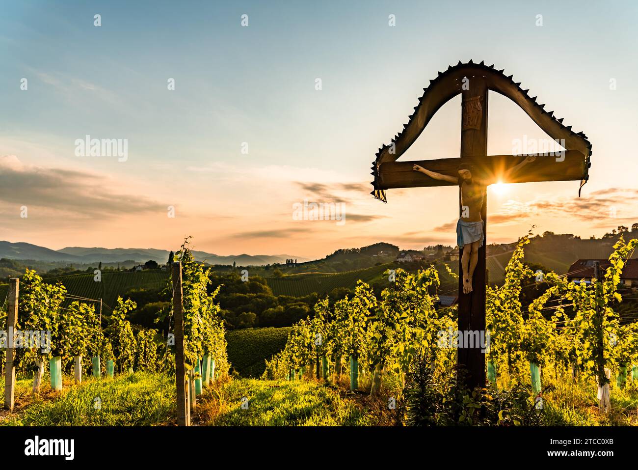 Christian wooden cross with figure of Jesus Christ on Vineyards at ...