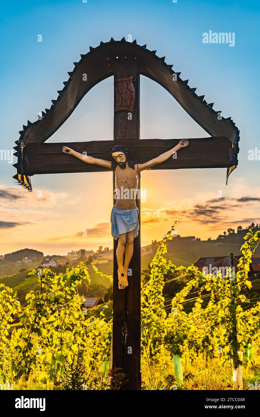 Christian wooden cross with figure of Jesus Christ on Vineyards at ...