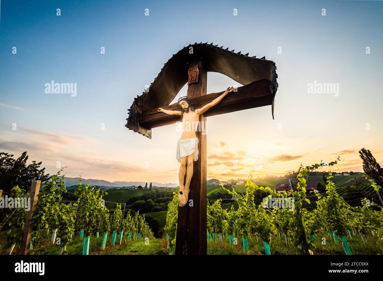 Christian wooden cross with figure of Jesus Christ on Vineyards at ...