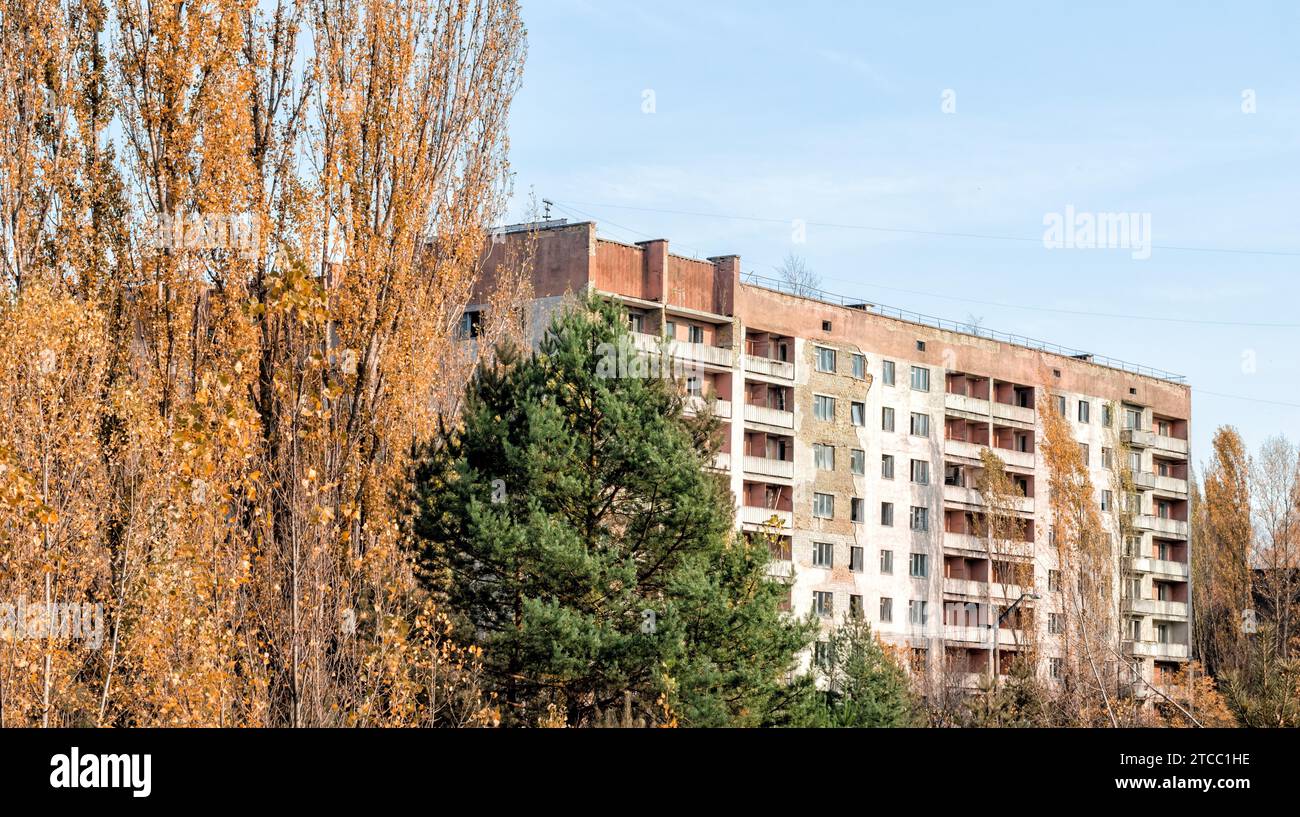 Old empty big house on the street of the abandoned city Chernobyl ...