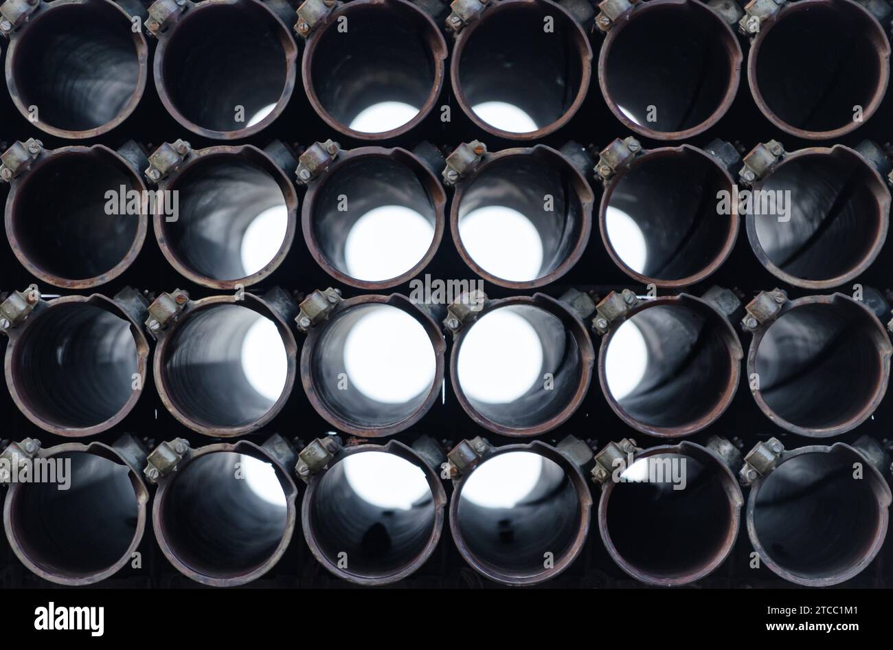 Abstract background barrel of an army military rocket launcher close up ...