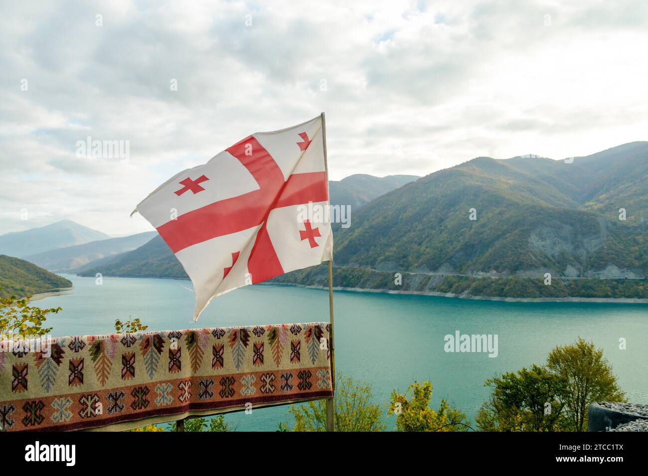 Georgia country flag on the background of a mountain landscape with ...