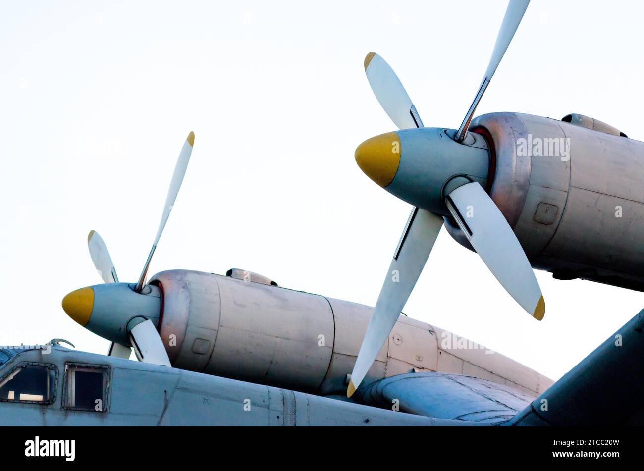 Propeller engine of an old vintage airplane on a white background ...