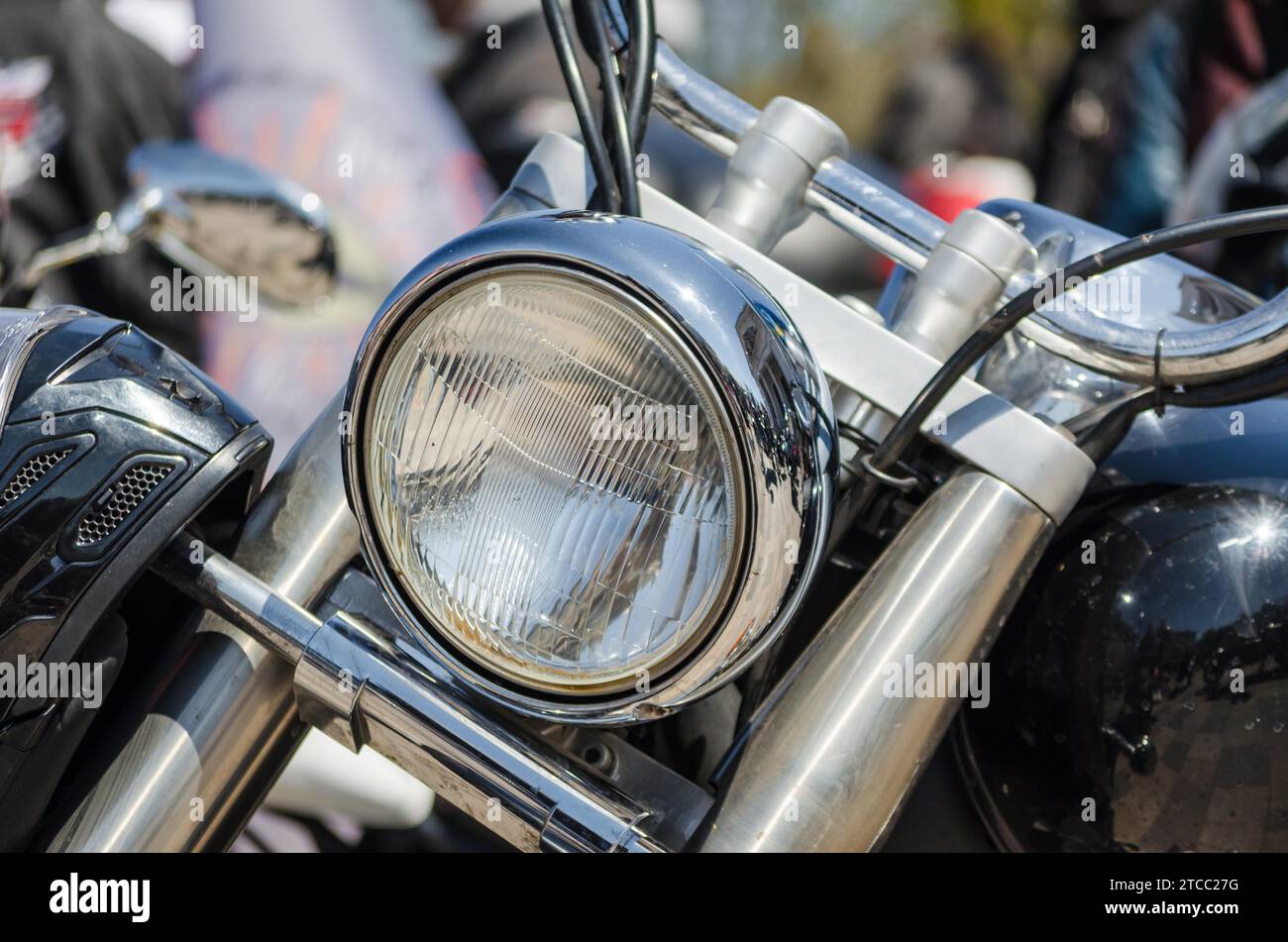 Chrome shiny chopper motorcycle headlight close up Stock Photo - Alamy