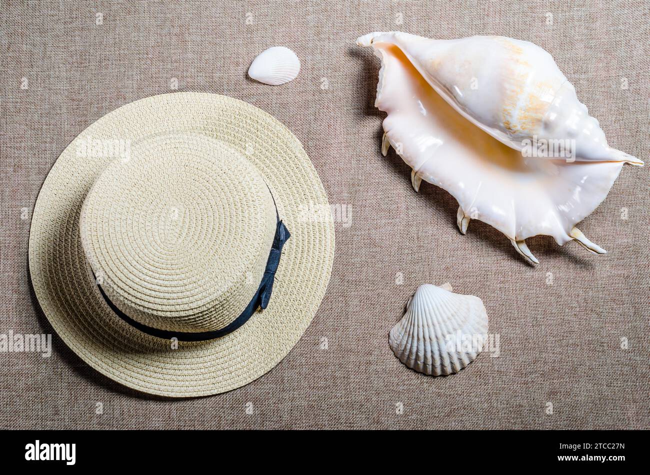 Vacation flat view with straw hat and big ocean sea shells on the mat ...