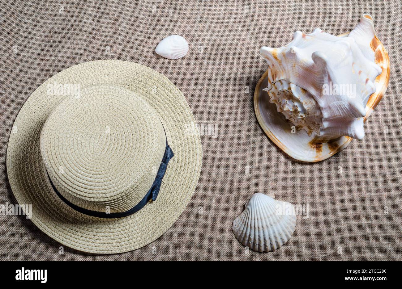 Vacation flat view with straw hat and big ocean sea shells on the mat ...
