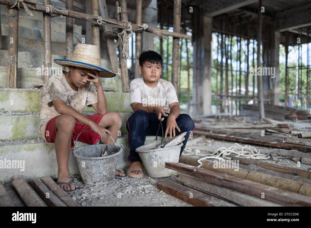 Concept of child labor, poor children being victims of construction ...