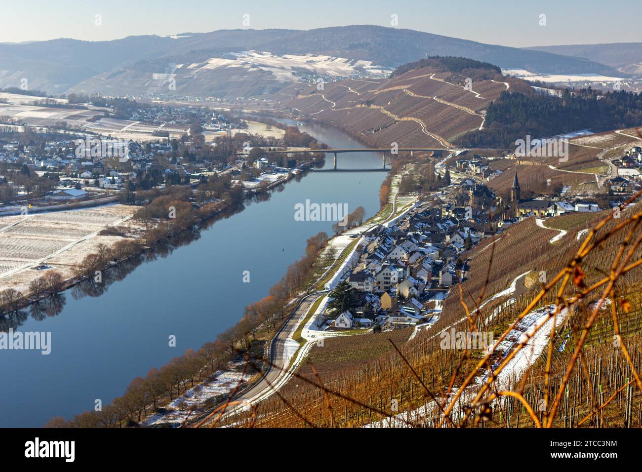 View on the valley of the river Moselle and the wine villages Muelheim ...