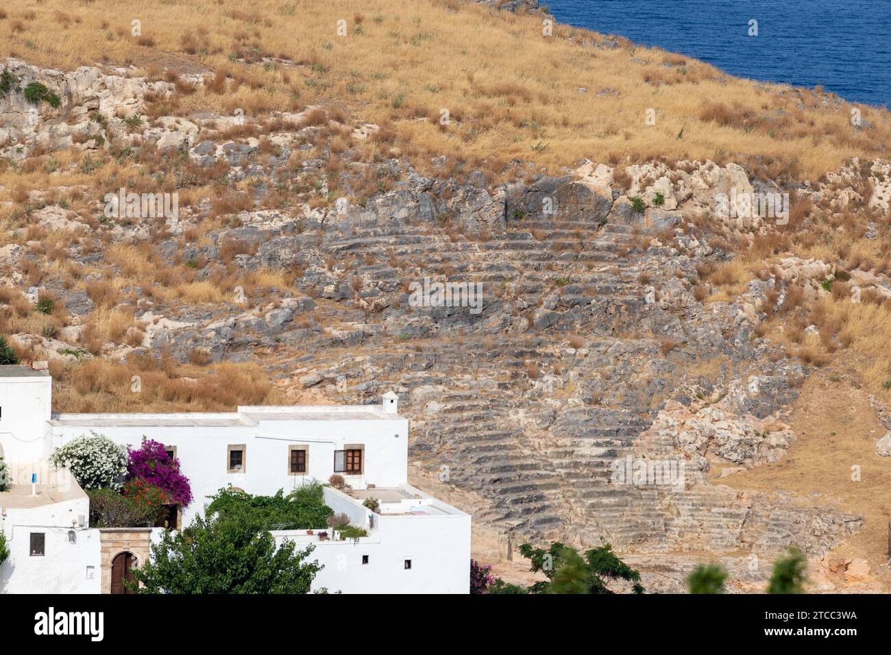 Excavation of ancient amphitheater in Lindos on Greek island Rhodes ...