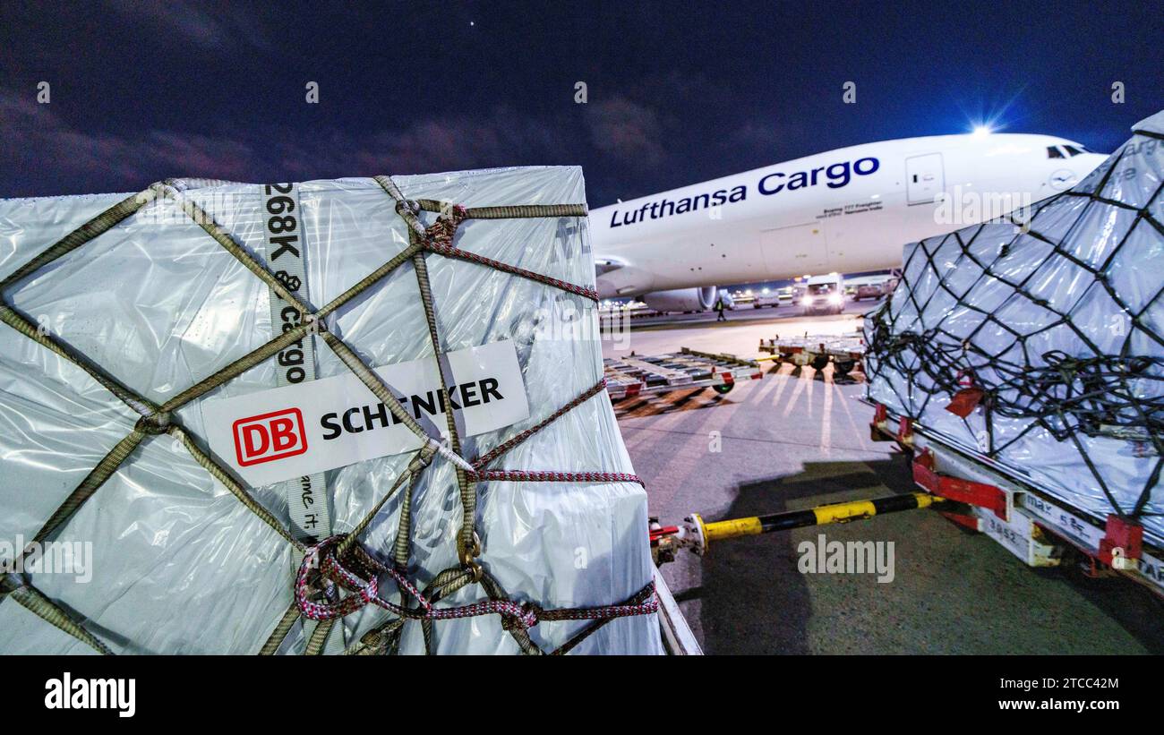 07 December 2023, Hesse, Frankfurt/Main: A DB Schenker pallet stands in ...