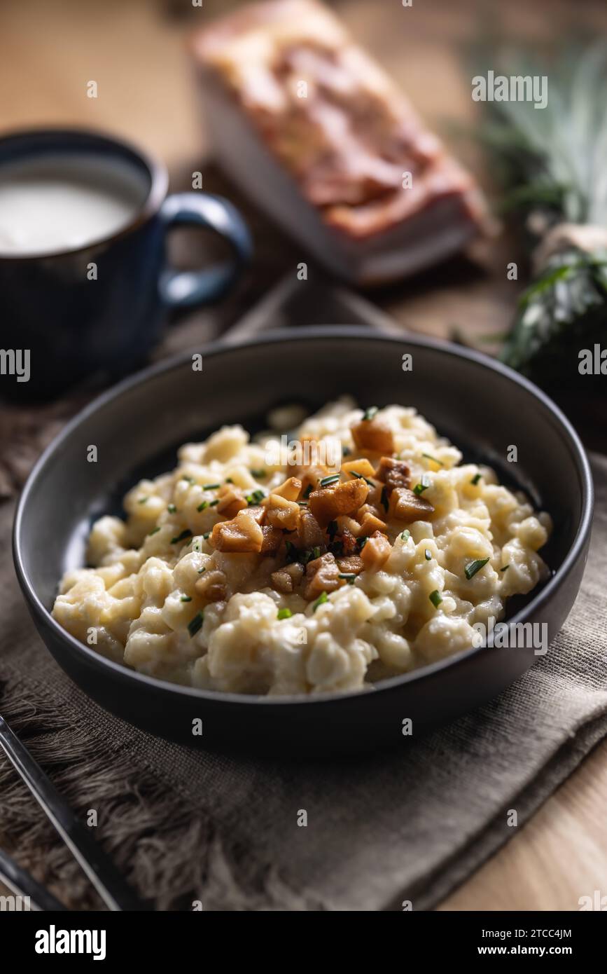 Halusky as traditional Slovak potato gnocchi with sheep cheese bryndza ...