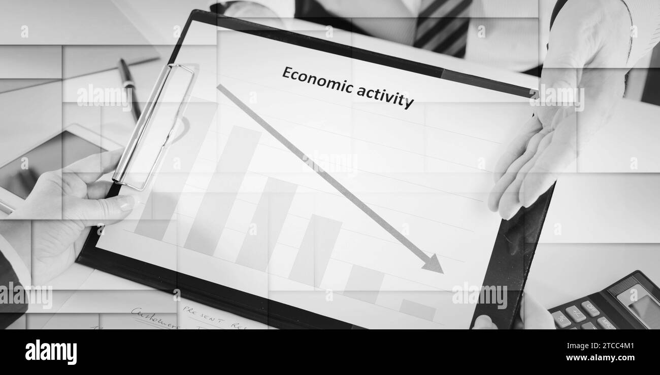 Businessman showing graph falling down, geometric pattern Stock Photo ...