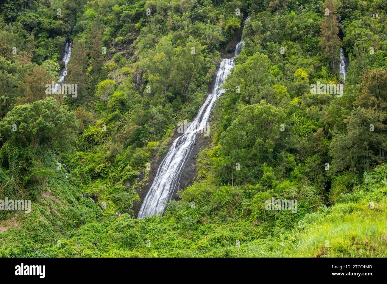 Waterfall on a green mountain at french island Reunion in the indian ...