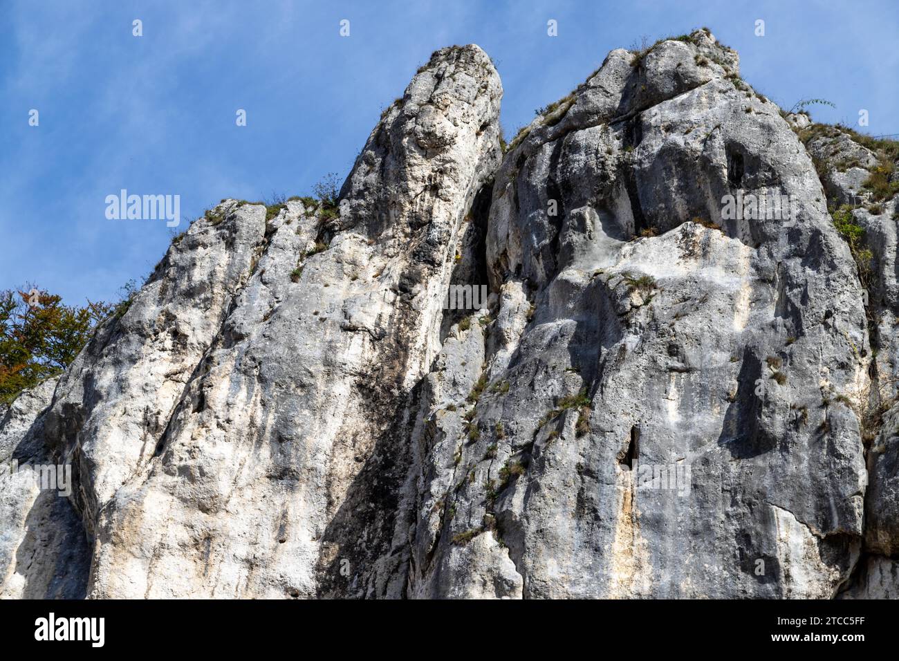 High rocks in the village Essing in Bavaria, Germany at the Altmuehl ...