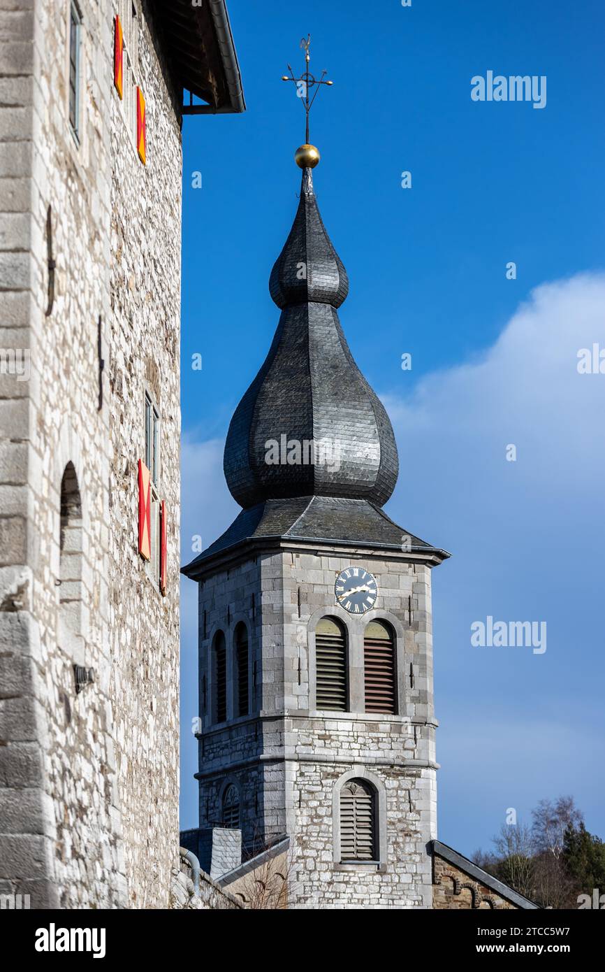 Low angle view at the tower of church Saint Lucia in Stolberg, Eifel ...