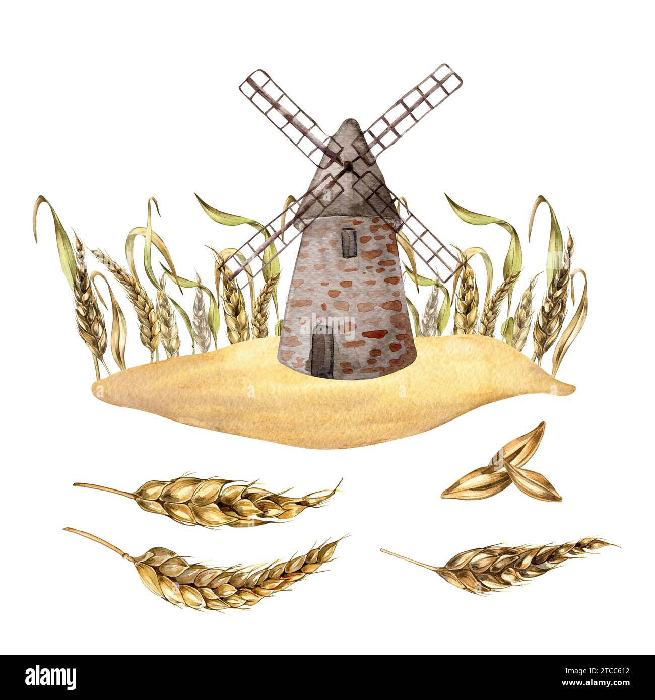 Windmill vintage watercolor illustration isolated on white background ...
