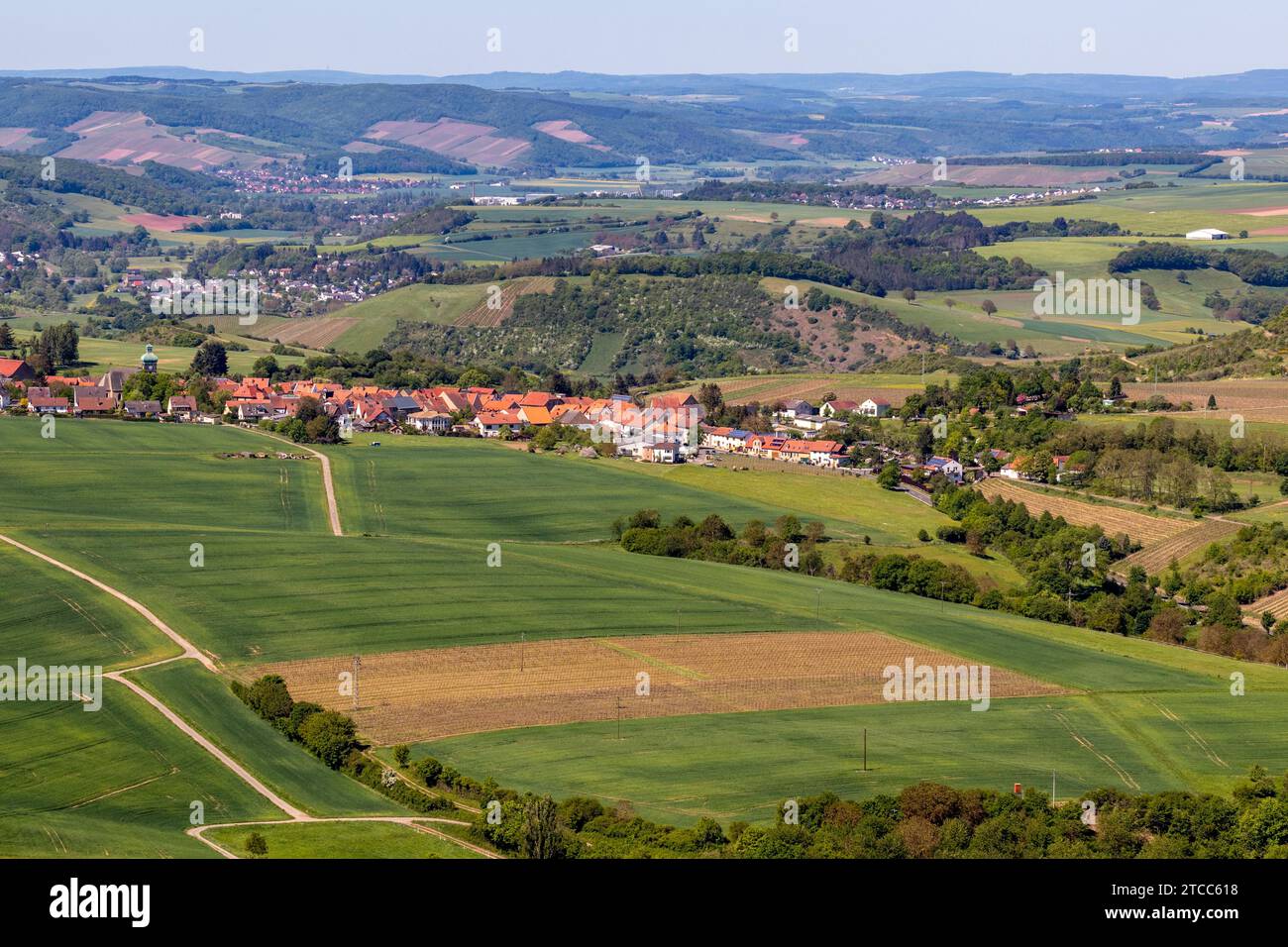 High angle view from the Lemberg of Duchroth at river Nahe, Rhineland ...