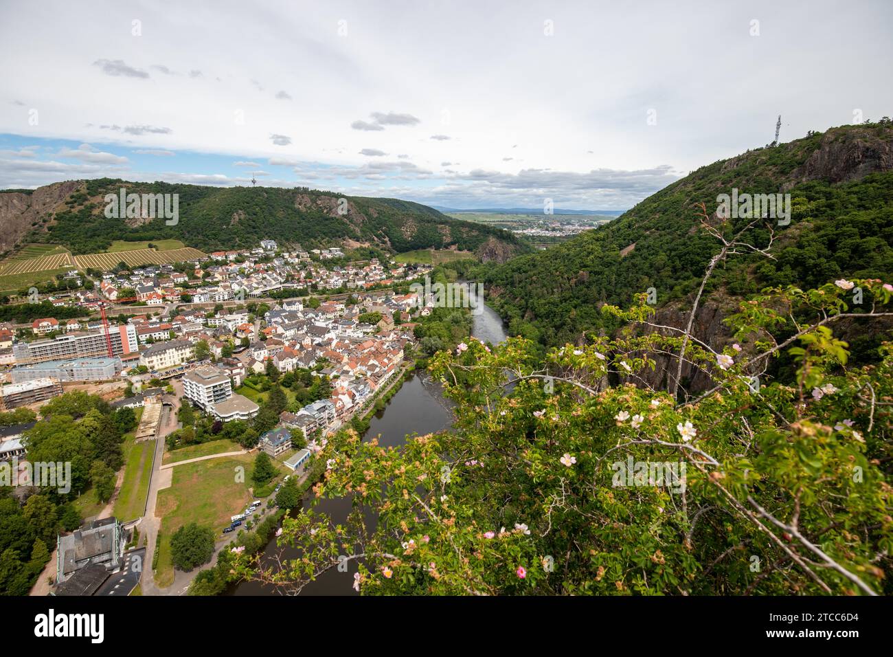 Scenic view from Rheingrafenstein at landscape with river nahe and Bad ...