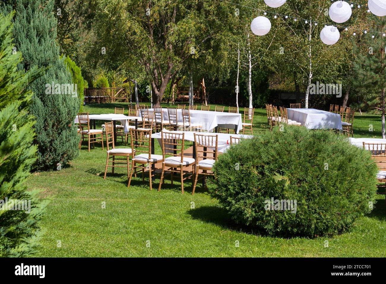 Wedding set up for an outdoor event. Chairs and tables, nature ...