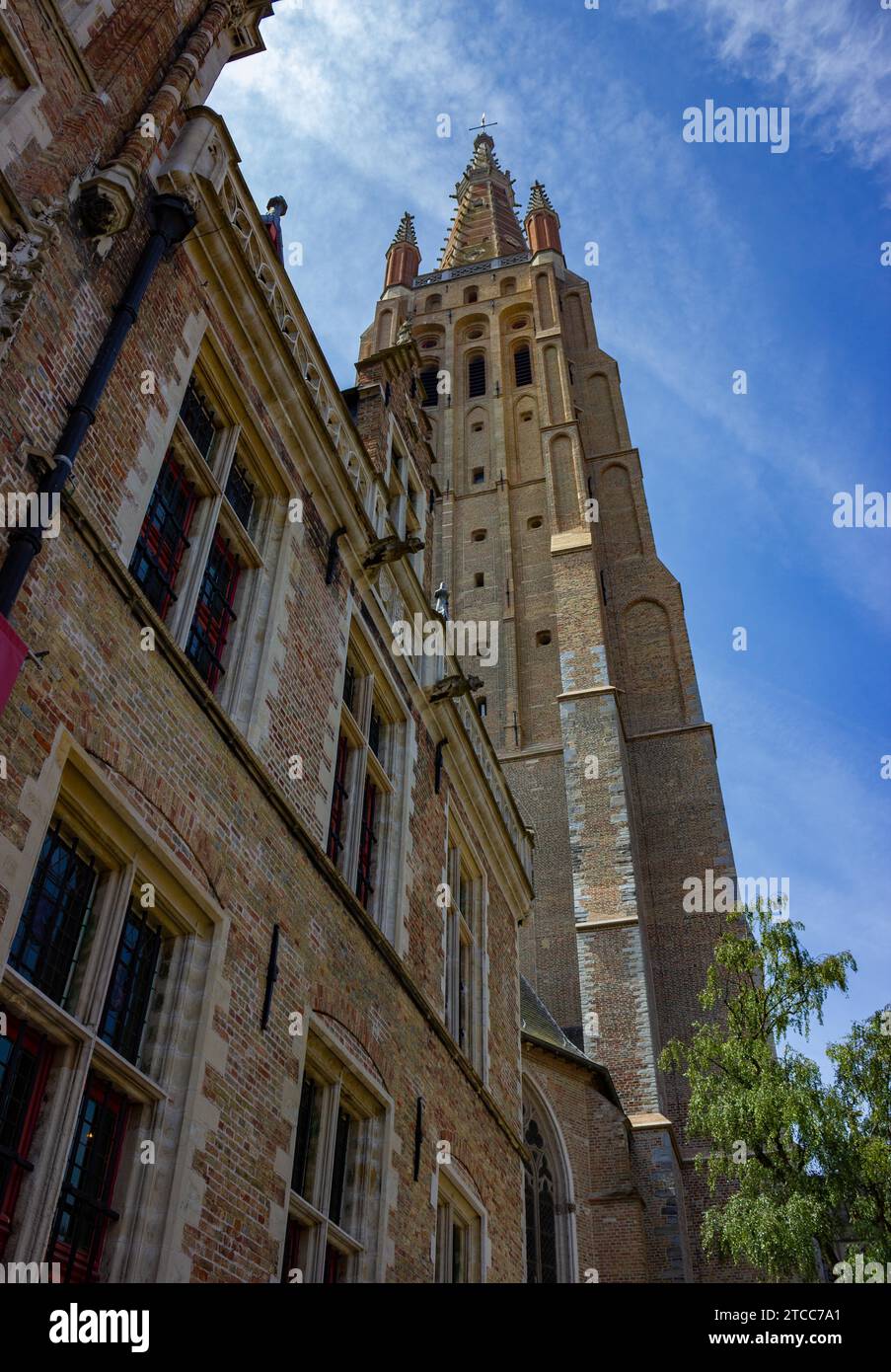 A picture of the Church of Our Lady tower as seen from below (Bruges ...