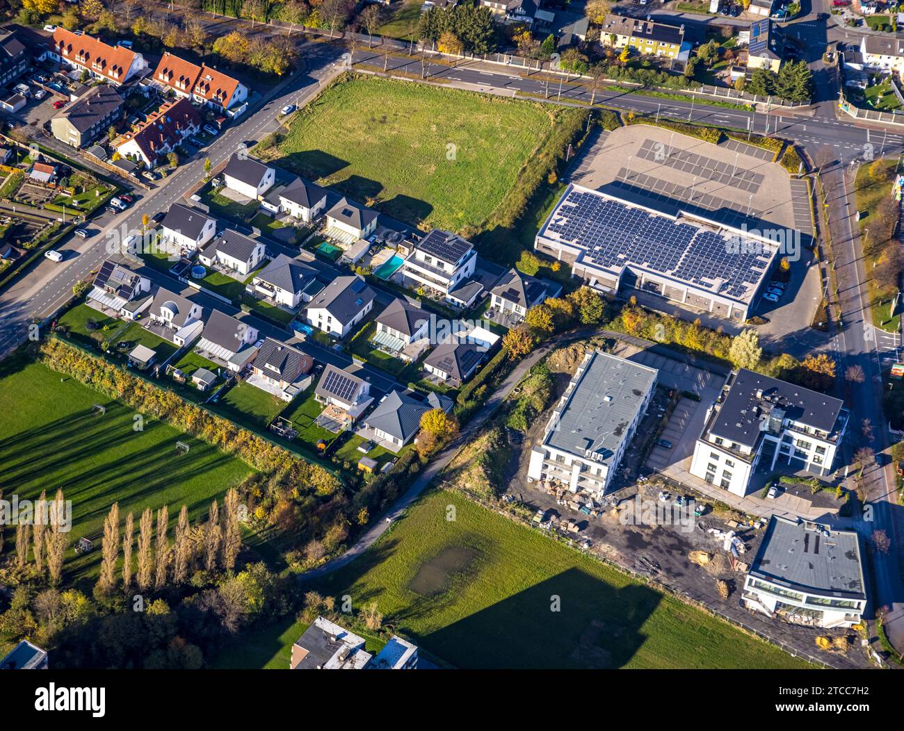 Aerial view, single-family houses residential area Büscherstrasse and ...