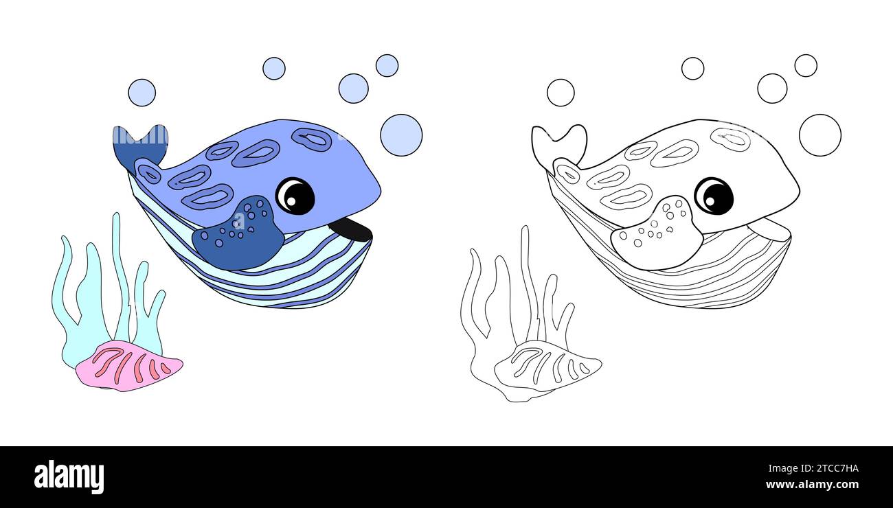 Striped whale with shells, bubbles and algae in the ocean. For posters ...
