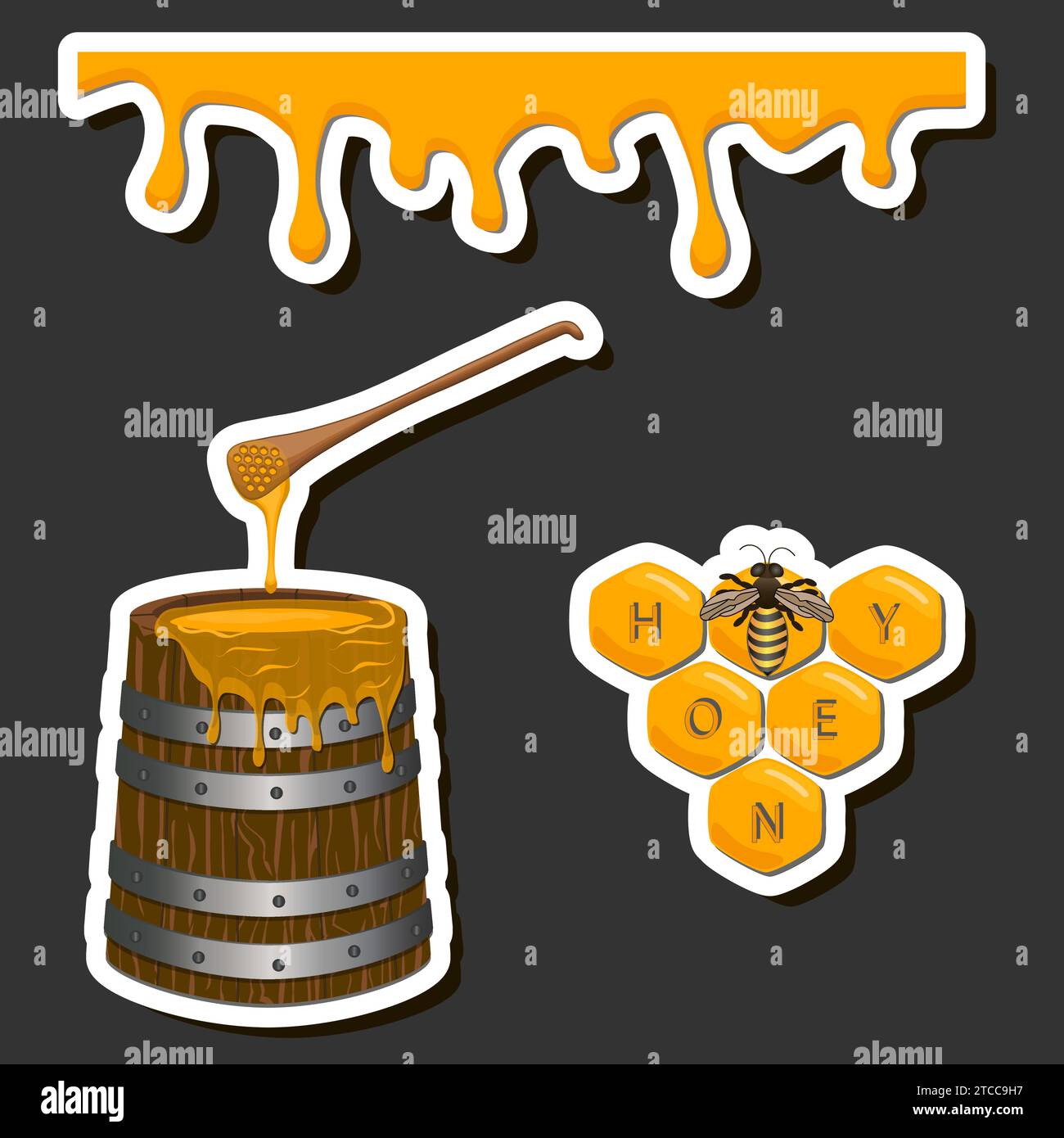 Drop of bee honey drip from hexagonal honeycombs filled with golden ...