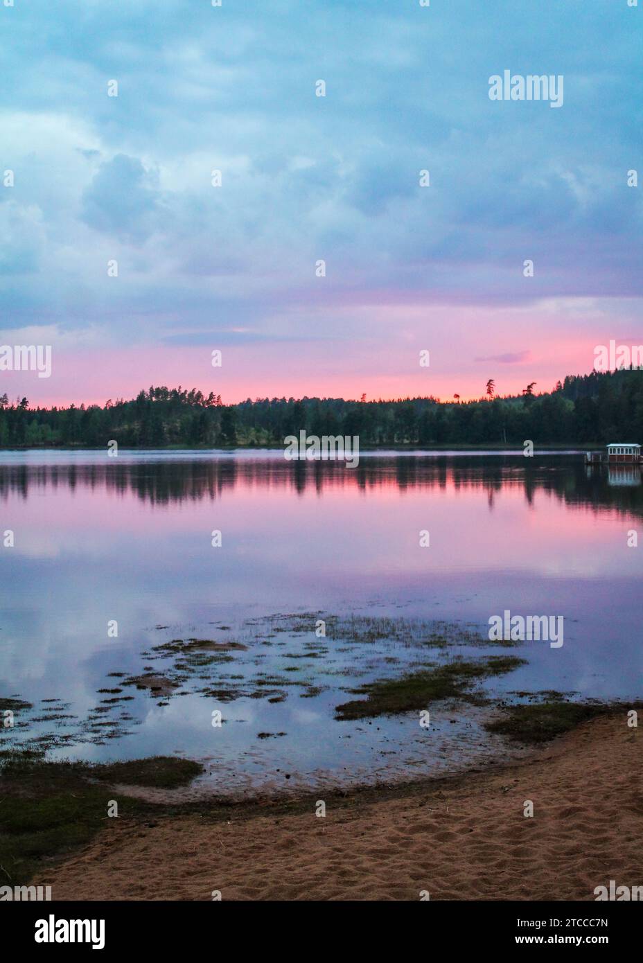 A picturesque beach with lush green grass sprawling down the shoreline ...