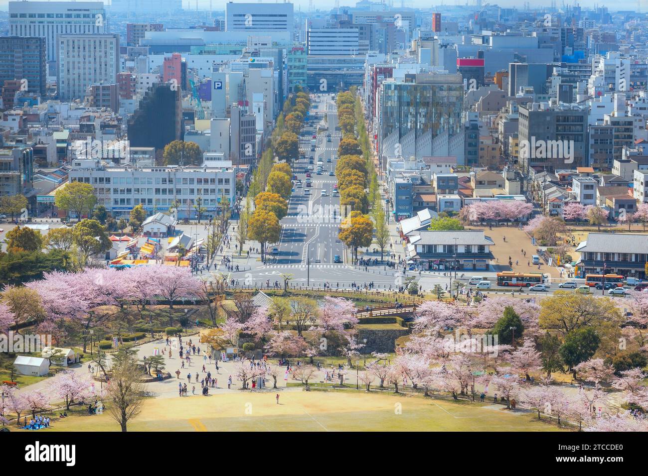 Hyogo, Japan - April 4 2023: Top view of Himeji city from Himeji Castle ...