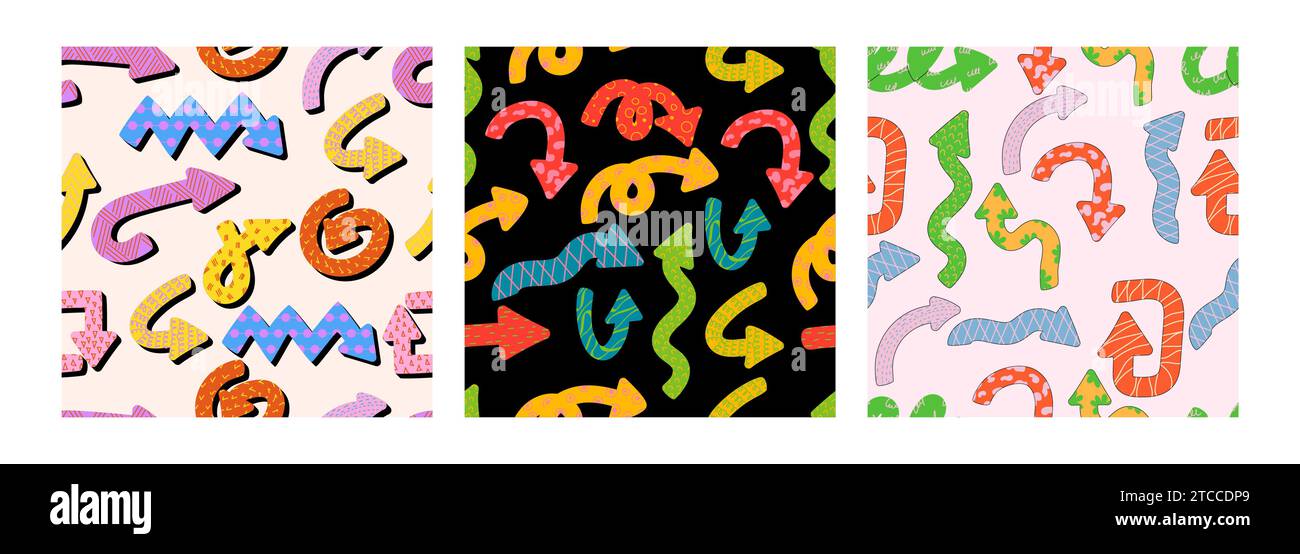 Colorful playful arrows in trendy style with vector texture. Direction ...