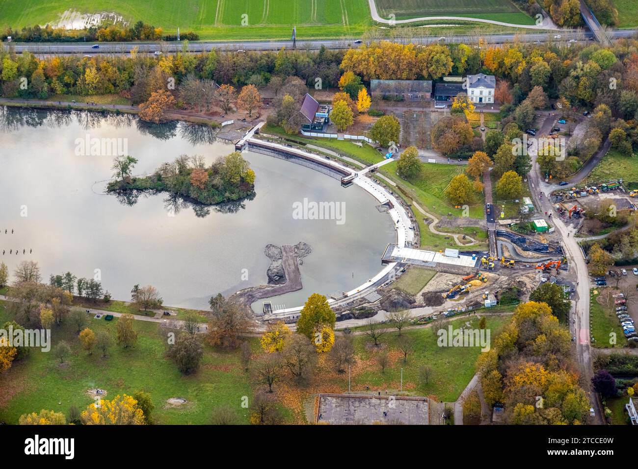 Aerial view, Ümminger See recreation area, construction site with ...