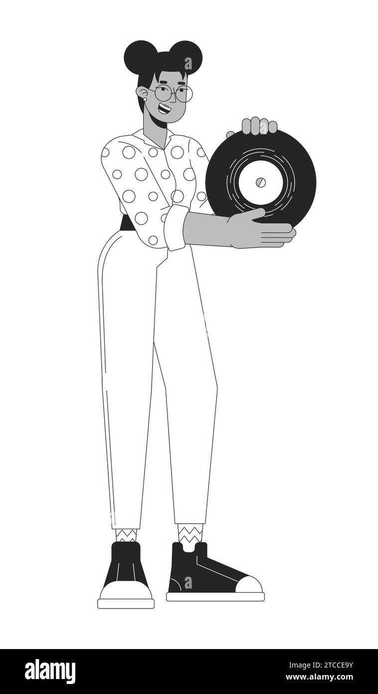 African American Girl Holding Vinyl Record Black And White 2d Line