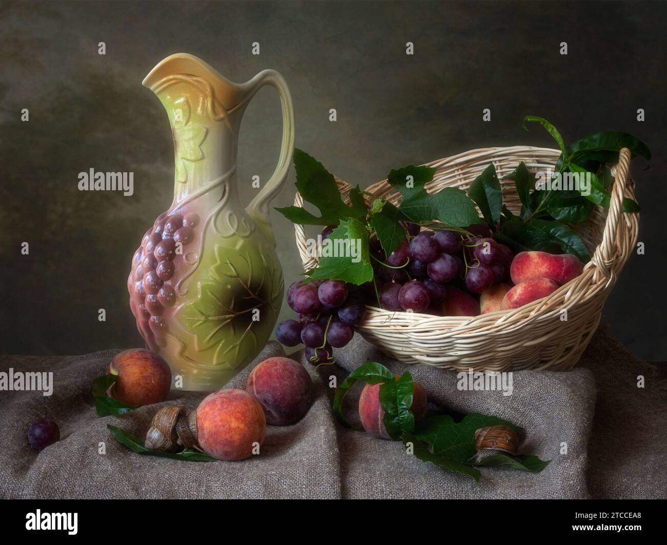 Still life with clay jug and fruits Stock Photo - Alamy