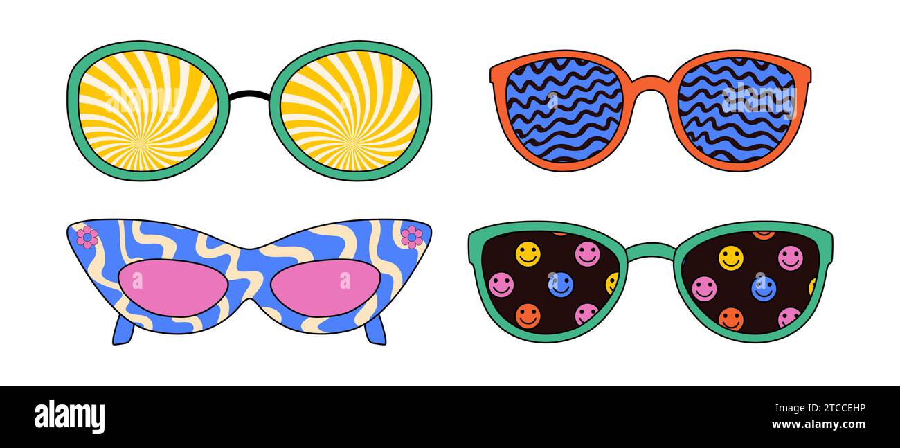 Retro sunglasses with psychedelic patterns. Vintage 70s style. Vector ...