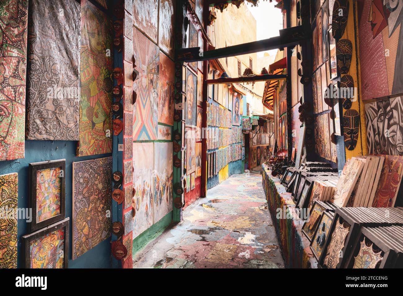Fez, Morocco: art and souvenir street shop on a narrow alley inside the ...