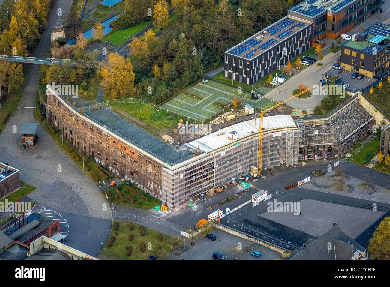 Aerial view, construction site with renovation and facade scaffolding at the Colosseum, historic ...
