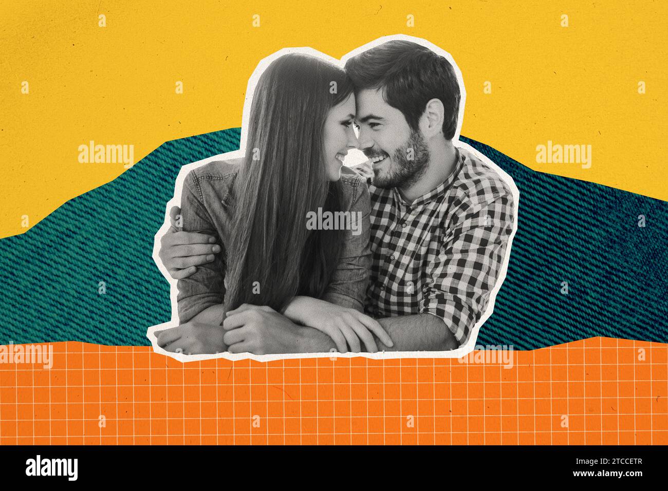 Collage picture illustration retro vintage effect couple cuddle look ...